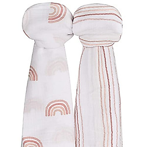 Ely's & Co. Cotton Muslin Swaddle Blanket 2-Pack for Baby Girl — 100% Cotton Muslin Extra-Large Swaddle Blankets (47” x 47”) Dusty Rose Stripes | Rainbows