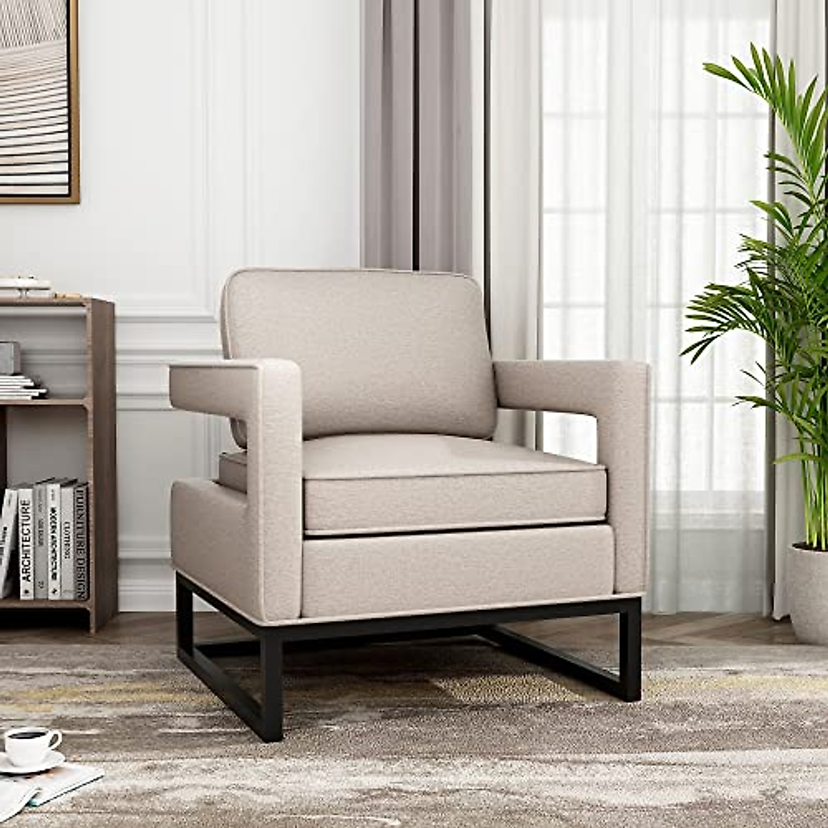 Alunaune Modern Accent Chair Living Room Chairs, Mid Century Armchair Upholstered Backrest Lounge Chair Removable Seat Cushion Sofa Reception Chair for Bedroom-Beige