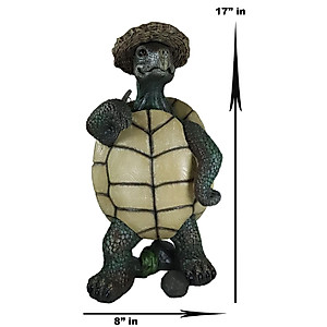 Ebros Gift Nautical Nature Lover Adventure Hiking Tortoise with Straw Hat Statue Carrying Solar Powered Lantern LED Light On A Pole Turtle Garden Yard Pool Patio Deck Home Decorative Accent