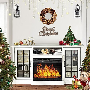 oneinmil Fireplace TV Stand with 3-Sided Glass Electric Fireplace,59'' Modern Media Entertainment Center with Farmhouse Glass Door Storage Cabinet, TV Cabinet for TVs up to 65",for Living Room,White