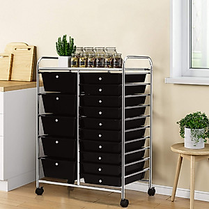 SILKYDRY 15 Drawers Rolling Storage Cart, Craft Cart Organizer with Lockable Wheels for Tools, Arts, Scrapbook, Papers, Multipurpose Utility Cart for Home Office School (Black)