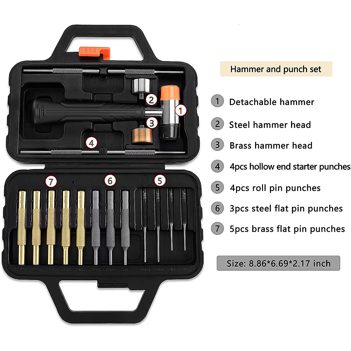 Pridefend Punch Set with Bench Block, Punch Set Made of Solid Material Including Roll Flat Pin Punch Set and Bench Block, Hammer with Detachable Heads,Punch Set with Portable Storage Case