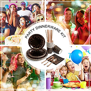 HOMIX Black and Rose Gold Party Supplies - Rose Gold Dot on Black Paper Plates Napkins Straws and Cups Silverwares Serves 25 for Wedding Bridal Shower Birthday Bachelorette Party Decorations