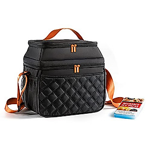 BAGSPRITE Lunch Bag for Women Men, Double Deck Lunch Box with Ice Pack, Insulated Lunch Bag Women for Work, Leakproof Cooler Tote Bags, Thermal Kids Lunch Box for School, Black