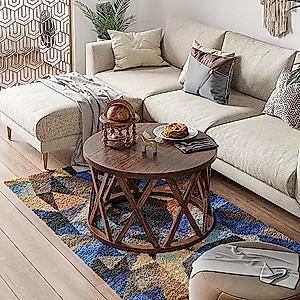 COZAYH Farmhouse Coffee Table, Rustic Round Coffee Table with X-Motifs Legs, Wood Textured Top, for Boho, French Country Decor, Brown