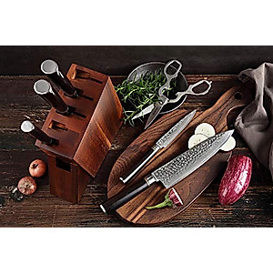 HEZHEN Damascus Steel 7pcs Kitchen Knives Block Set, Multifunctional Kitchen Shears, Professional forging Chef Knife Santoku Nakiri Utility Fruit, Ergonomic Ebony Handle -Classic Series