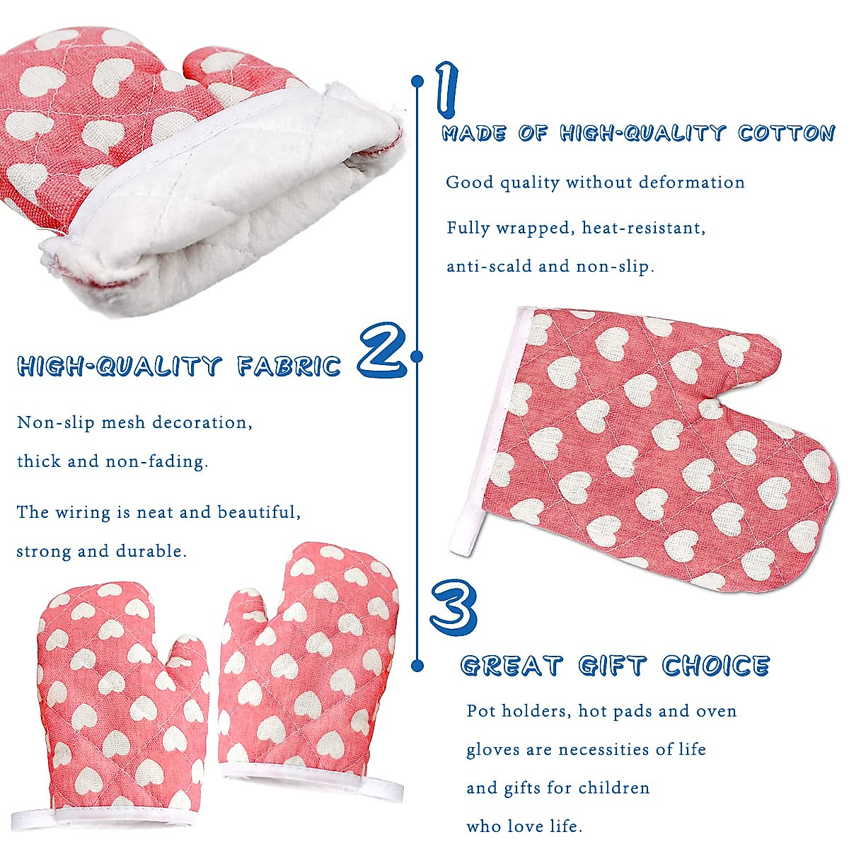 DOERDO 2 Pack Kid Oven Mitts for Children Heat Resistant Kitchen Mitts, Great for Cooking Baking, Age 4-12 (7"x4.7", Sweet Heart)