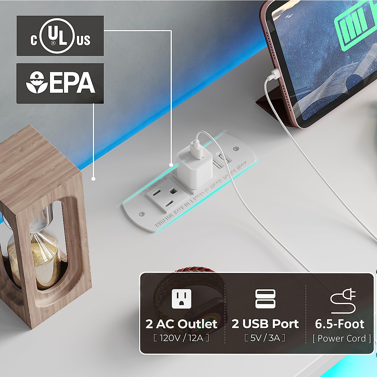 CollaredEagle 7 Drawer Dresser with Charging Station, TV Stand Fabric Storage Tower for Bedroom,Storage Drawers with LED, Wooden Top for TV up to 43 inch, for Bedroom, Living Room, Entryway, White