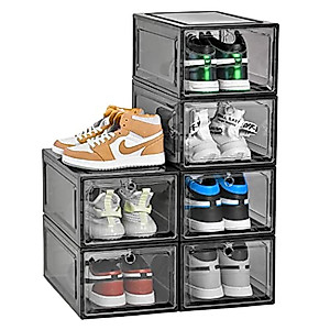 BYFU Shoe Box Drop Front Set of 6, Plastic Stackable Shoe Storage Boxes with Lids, Sneaker Display Case Shoe Organizer Bins for Closet, Easy Assembly (Dark Grey)