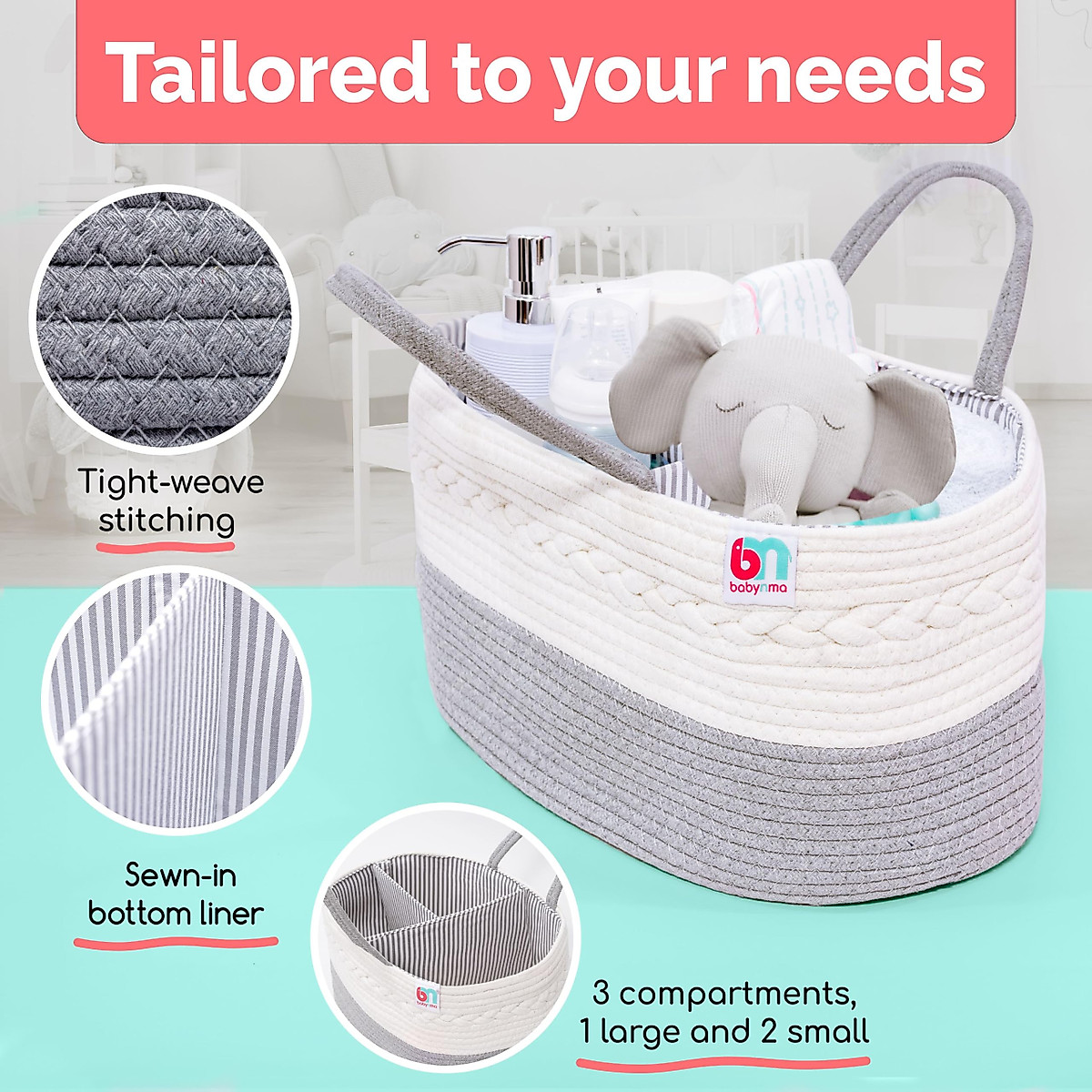 Babynma Rope Diaper Caddy - Storage for Baby and Toddler Items - Portable Cotton Organizer Easily Holds Diapers, Wipes, Clothing - Useful for Nursery, Bedroom (Gray, Extra Large)