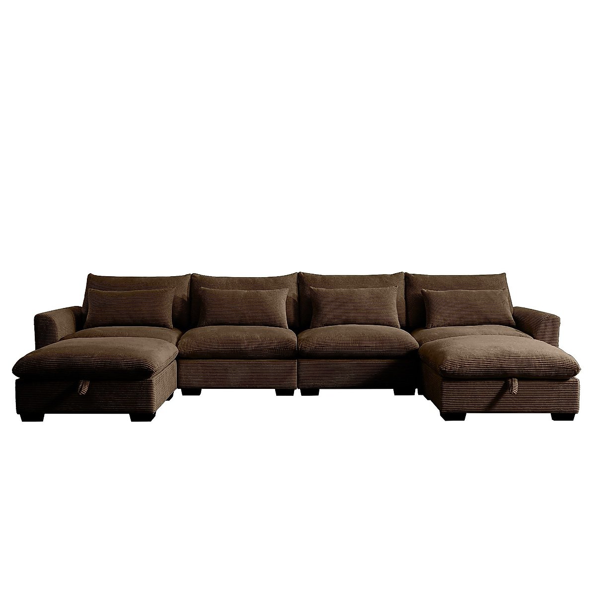GoDoco Wide Body Modular Corduroy Sectional Sofa Set, U-Shape and L-Shape Deep Seating Couch with Storage Ottomans and Waist Pillows (Brown, 4-Seater + 2 * Ottoman)