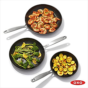 OXO Good Grips Pro, 8" 10" and 12" 3 Piece Frying Pan Skillet Set, 3-Layered German Engineered Nonstick Coating, Stainless Steel Handle, Dishwasher Safe, Oven Safe, Black
