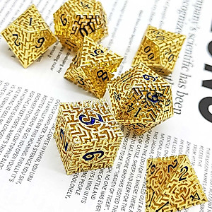 DND Dice Set D&D Metal Dungeons and Dragons Hollow Dice Tabletop Games Polyhedral Pathfinder Multi Sided Roleplaying RPG MTG 7 Board Accessories Gifts D4 D6 D8 D10 D12 D20 (Golden Blue)