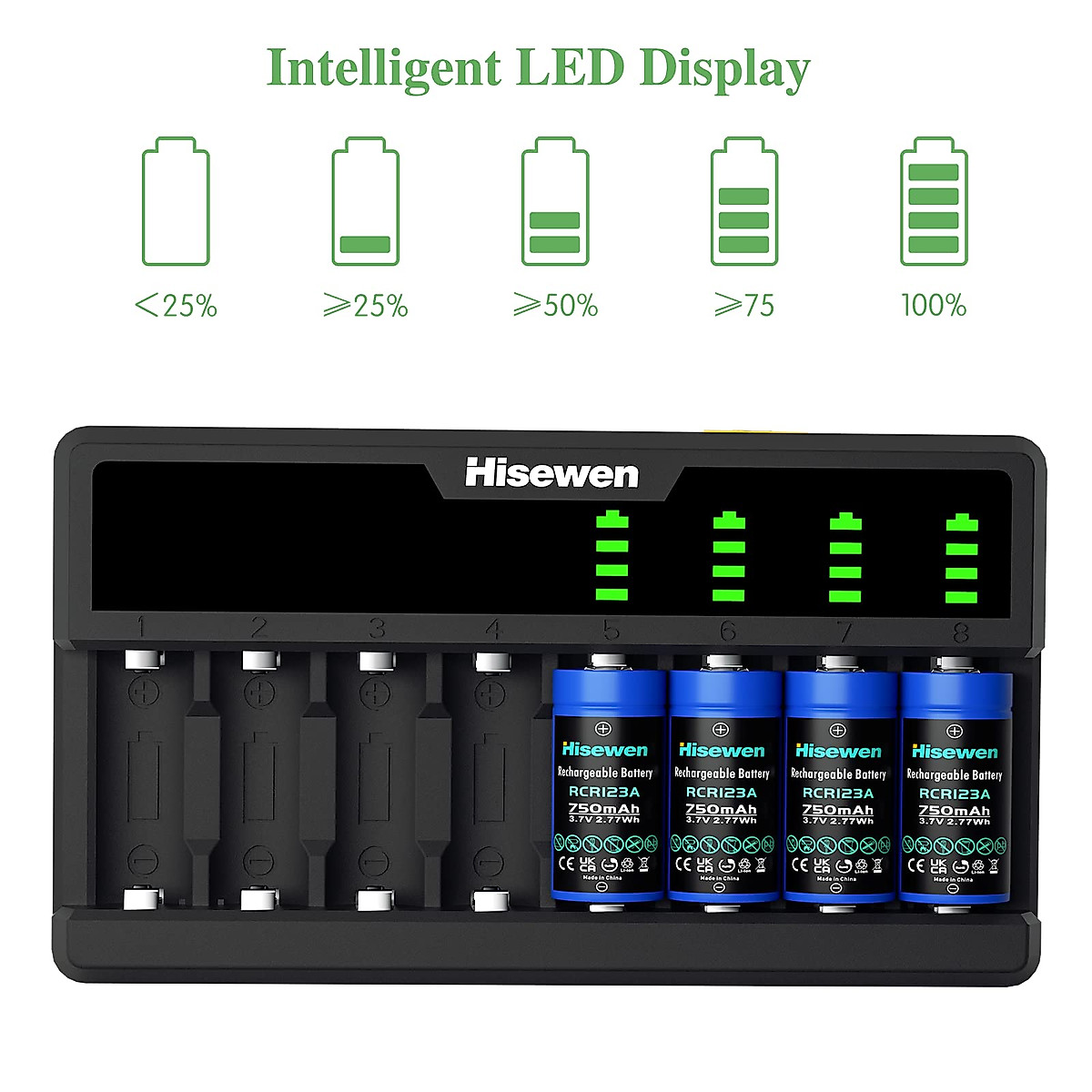 Hisewen 8 Pack CR123A Lithium Batteries, 3.7V 750mAh 123a Rechargeable Batteries with Charger for Arlo Camera VMC3030 VMK3200 VMS3230/3330/3430/3530 & Flashlights & Headlamp