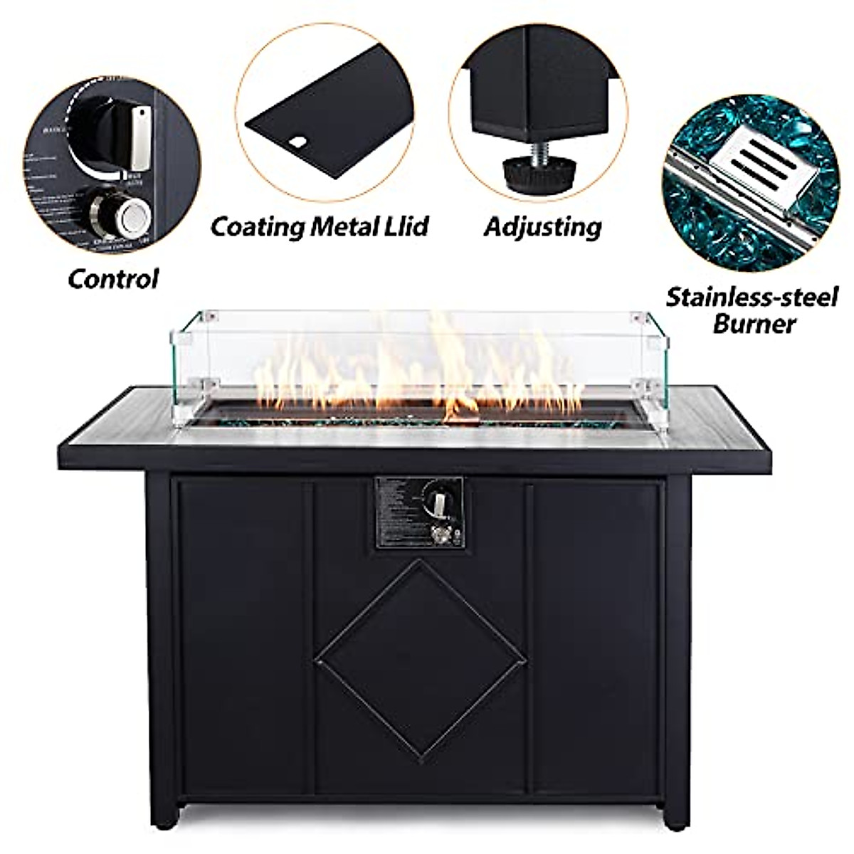 AVAWING Propane Fire Pit, 42 inch 50,000 BTU Gas Fire Pit Table with Glass Wind Guard, Table Lid, Fire Glass, Waterproof Cover, Outdoor Gas Fire Pit for Garden, Patio, Backyard, Black
