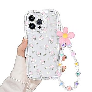 Newseego for iPhone 14 Pro Max Case, Cute Colorful Flower Clear Case with Lovely Flower Bracelet Chain for Women Girls Soft TPU Bumper Shockproof Protective Case Cover for iPhone 14 Pro Max-Pink White