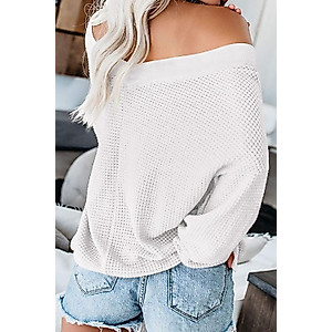 ReachMe Womens Oversized Off The Shoulder Tops Long Sleeve Waffle Knit Shirt Drop Shoulder Sweater Top(White,XL)
