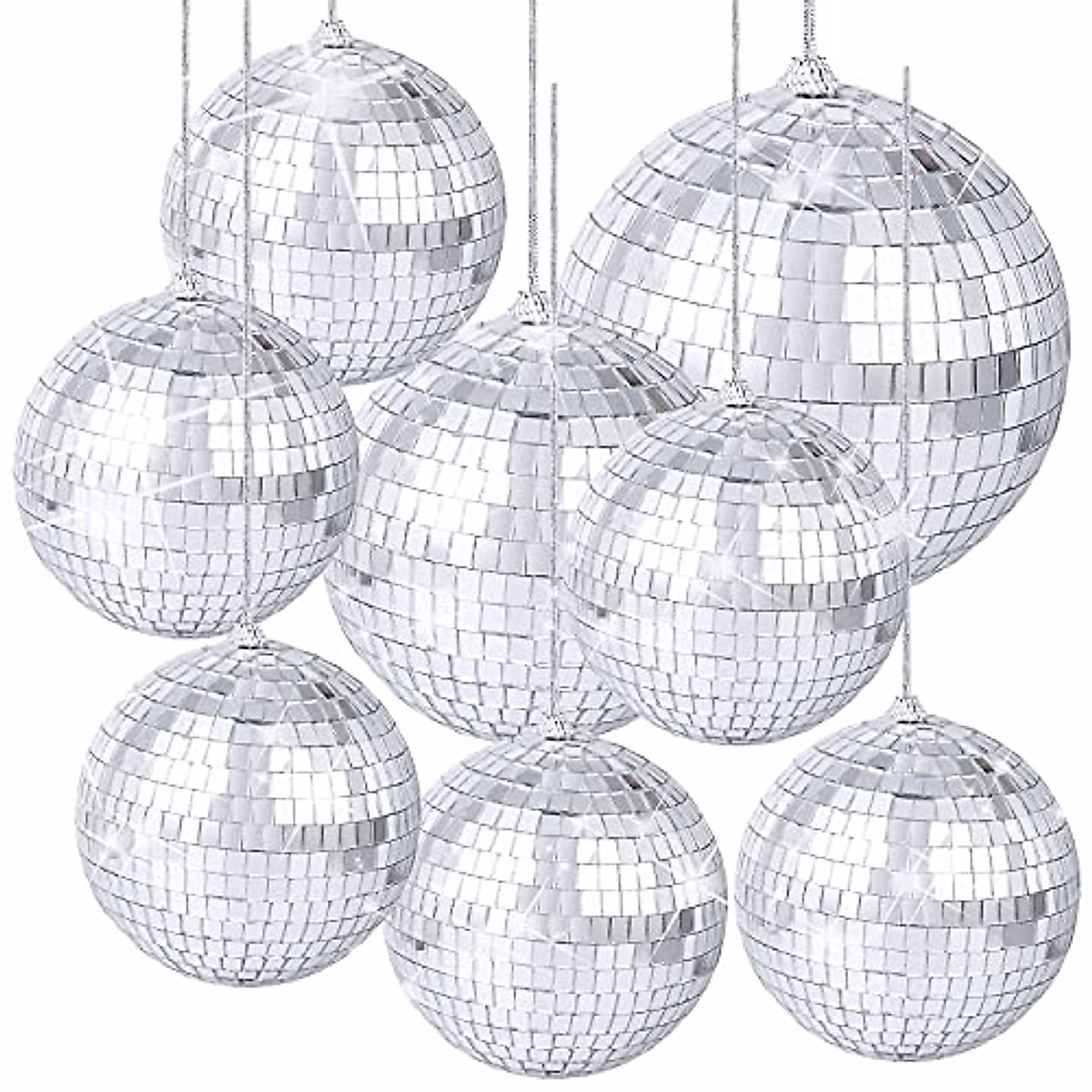 Ujuuu 8 Pieces Mirror Disco Balls Silver Hanging Disco Light Mirror Ball for Retro Party, Fun Party, Home Bands Decorations