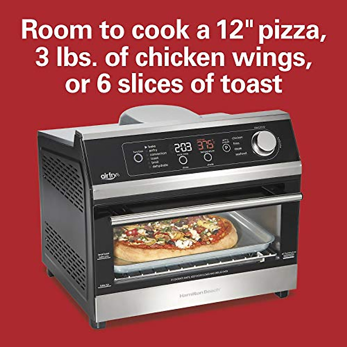 Hamilton Beach Air Fryer Countertop Toaster Oven, Includes Bake, Broil, and Toast, Fits 12” Pizza, 1800 Watts, 10 Cooking Modes + Digital Controls, Black & Stainless Steel