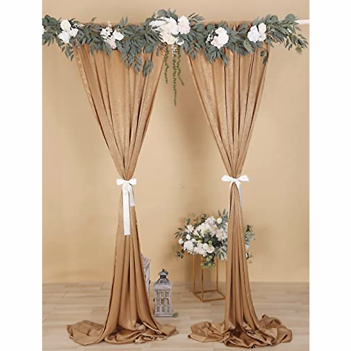 Cytdkve 2 Panels 4.8 Feet x 10 Feet Gold Brown Velvet-Like Wedding Backdrop Curtain Drapes, Silky Soft Window Curtains Panels for Wedding Ceremony Birthday Party Decorations