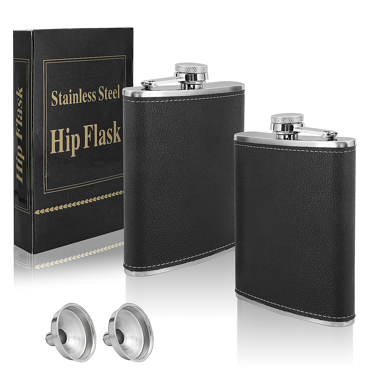 2 Pack 8 oz Leather Hip Flasks for Liquor for Men,Stainless Steel Hip Flasks with Funnel for Wedding Party, Leather Black Flasks for Liquor