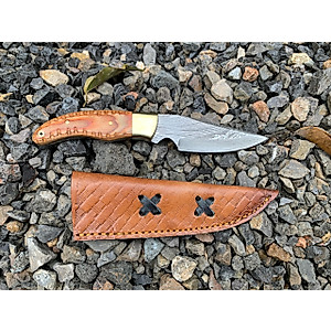 NUSHBA 014 handmade Damascus Steel Hunting Skinner knife with Cow Brown Leather Sheath Fixed blade knives for men