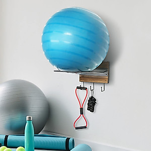MyGift Wall Mounted Exercise Ball Storage Rack with 3 Bottom Hooks, Rustic Solid Burnt Wood and Matte Black Metal Hanging Yoga Gym Equipment Organizer Holder