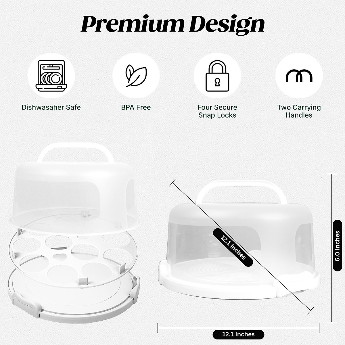 Plastihut Cake Carrier With Lid and Handle – All In 1 Multipurpose Cake Storage Container Fits 6" Cake, 11 Cupcakes & A Cake Plate Serves as 5 Section Serving Tray for Snacks & Fruit - White