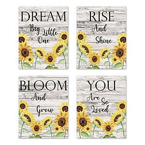 Sweet Jojo Designs Yellow Sunflower Boho Floral Wall Art Prints Room Decor for Baby, Nursery, and Kids - Set of 4 - Farmhouse Wood Grain Rustic Watercolor Flower Vintage Southern Country