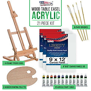 U.S. Art Supply 21-Piece Artist Painting Set with Wooden H-Frame Studio Easel, 12 Vivid Acrylic Paint Colors, 3 Canvas Panels, 4 Brushes, Wood Palette - Fun Kids, School, Students Adults Starter Kit