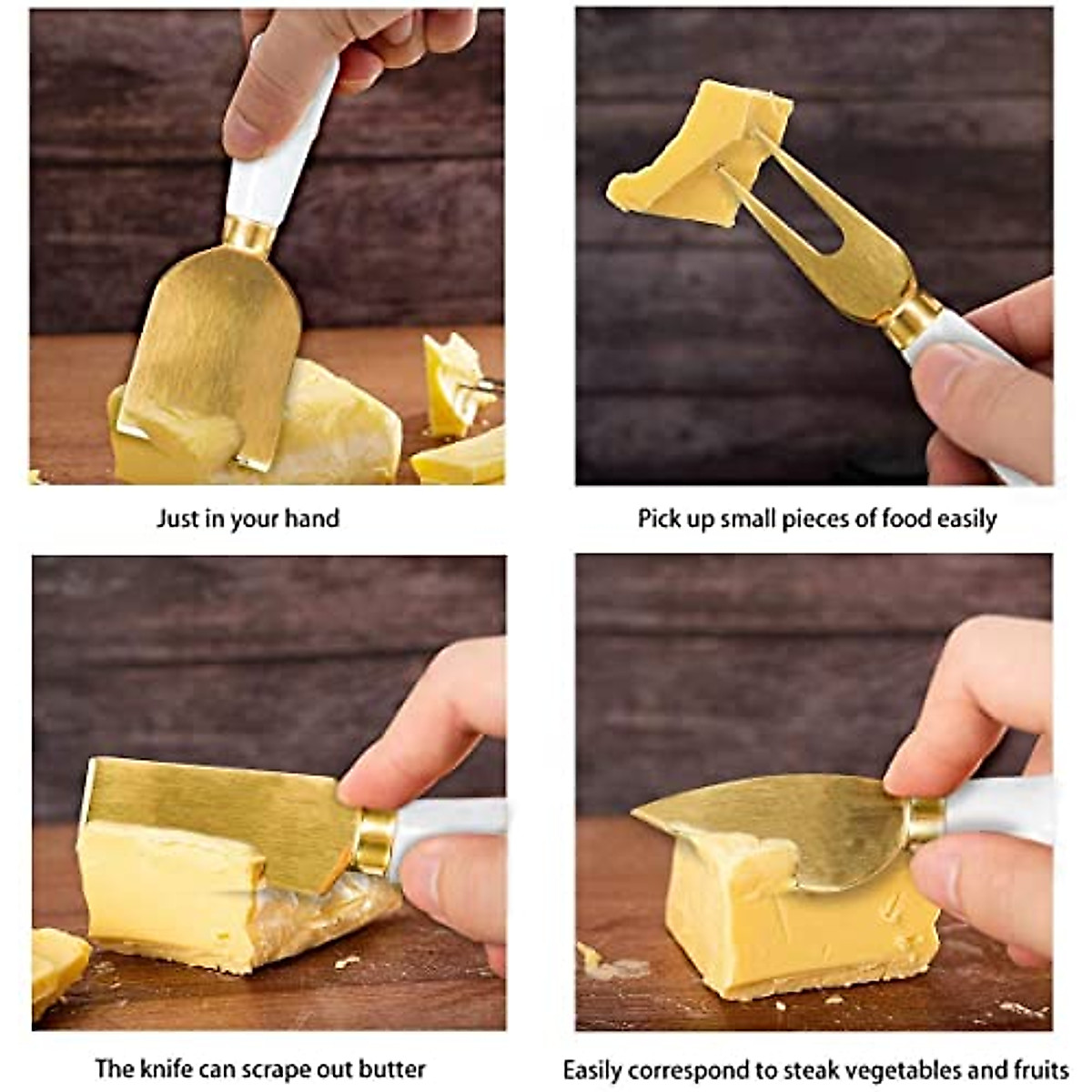 YIXIValley 4PCs Gold Cheese Knife Set, Marble Cheese Butter Spreader Cutter with Ergonomic Ceramic Handle, Stainless Steel Cheese Shaver and Fork for Birthday, Wedding, Anniversary - Gold