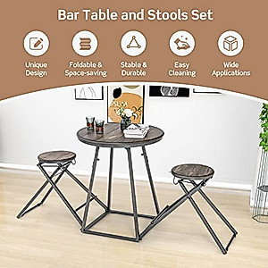COSTWAY Bar Table and Stools Set of 3, Round Pub Bistro Table with 2 Foldable Stools, Heavy-Duty Steel Frame, Modern Table and Chairs Set for 2, Kitchen Dining Set for Apartment, Restaurant, Bar