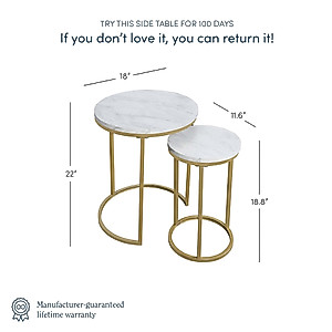 Nathan James Lula Nesting Round Side Set of 2, Accent End Table for Living Room with Wood or Marble Finish Tabletop and Metal Base, White/Gold
