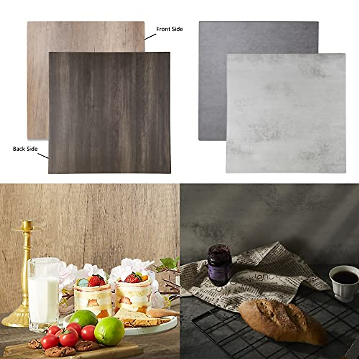 2PCS Double Sided Photo Backdrop Boards for Flat Lay, 24x24IN Wooden Cement Food Photography Background Tabletop Backdrop for Video Shooting, EOAJAFOU