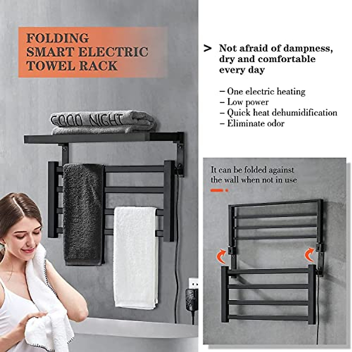 ZJDYDY Wall Mounted Heated Towel Rack with Top Shelf, Towel Warmer for Bathroom with 5 Bars, Electric Heated Towel Rail Storage Holder for Kitchen Bathroom Hotel Towel Warmers for Bathroom