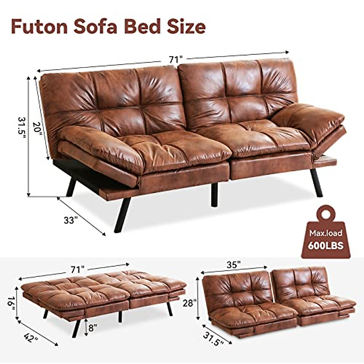 Opoiar, Memory Foam Loveseat, Modern Sleeper Couch Futon Sofa Bed, 71"X33"X31.5", Brown