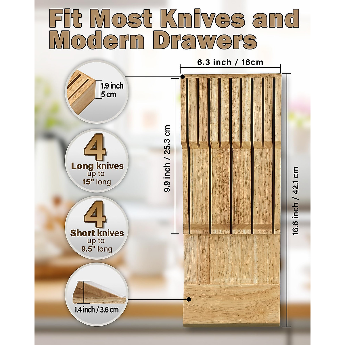 Cook N Home In-Drawer Knife Block Organizer, 9-Slot Kitchen Knife Cutlery Holder Drawer Storage, Holds up to 9 Knives (Not Included)