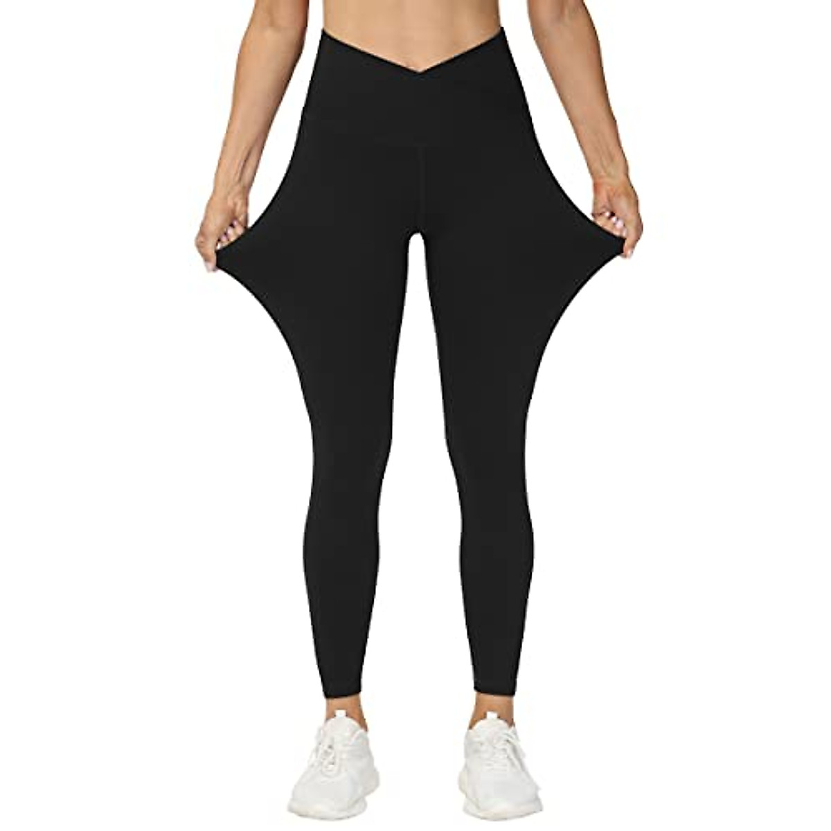 Women's V Cross Waist Yoga Leggings High Waisted Tummy Control Workout Running Pants Black