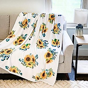 Sunflower Blanket Throw by Little Hill Home - Sunflower Throw Blanket with Greenery - 60"x60" Sunflower Throw Blankets - Super Soft Fleece Plush White Sunflower Blankets for Women Sunflower Gifts