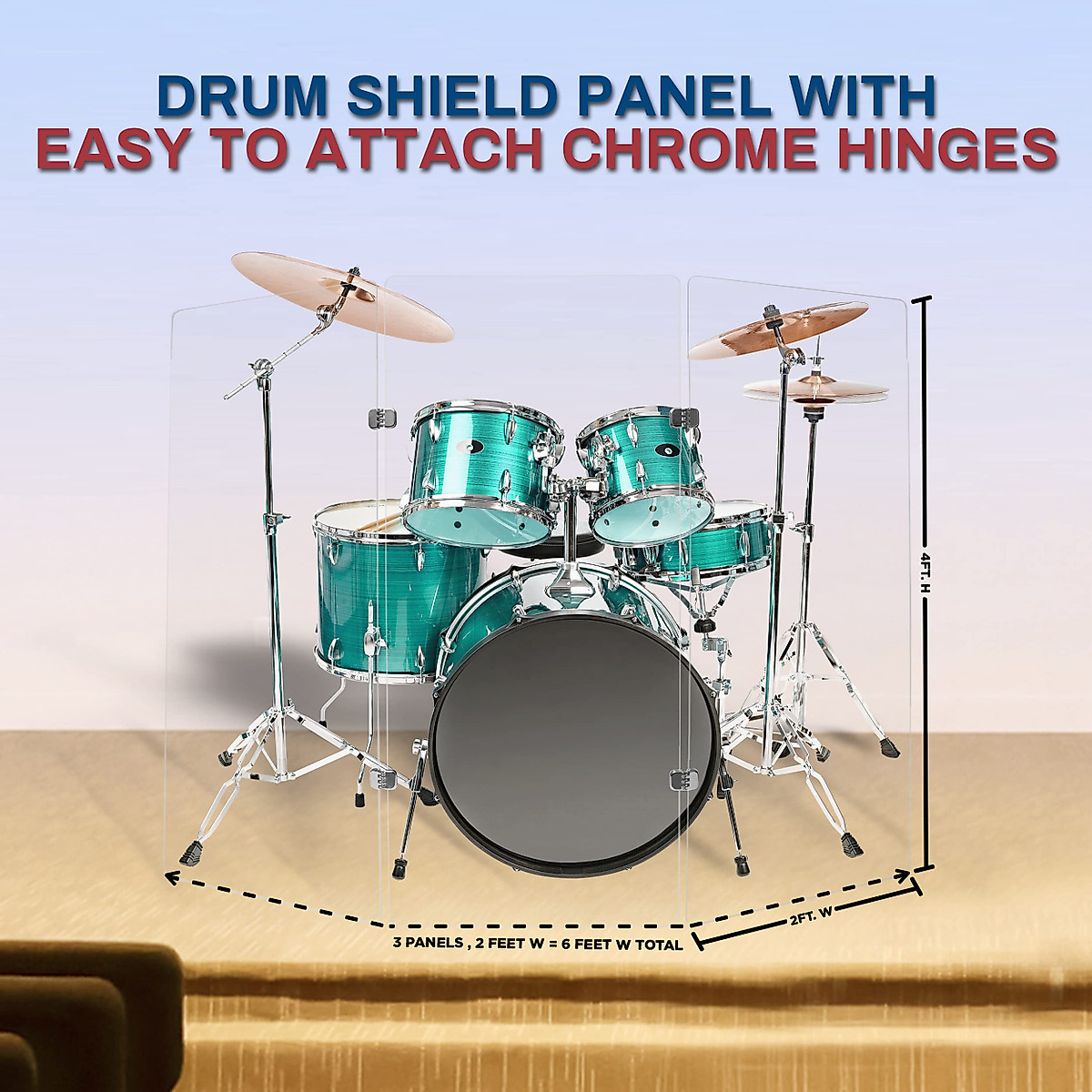 PENNZONI Drum Shield 4ft w/Chrome Hinges, Comes w/ 3 Drum Panels, & 4 Chrome Hinges, Premium Clear Acrylic Panels, Drum Screen
