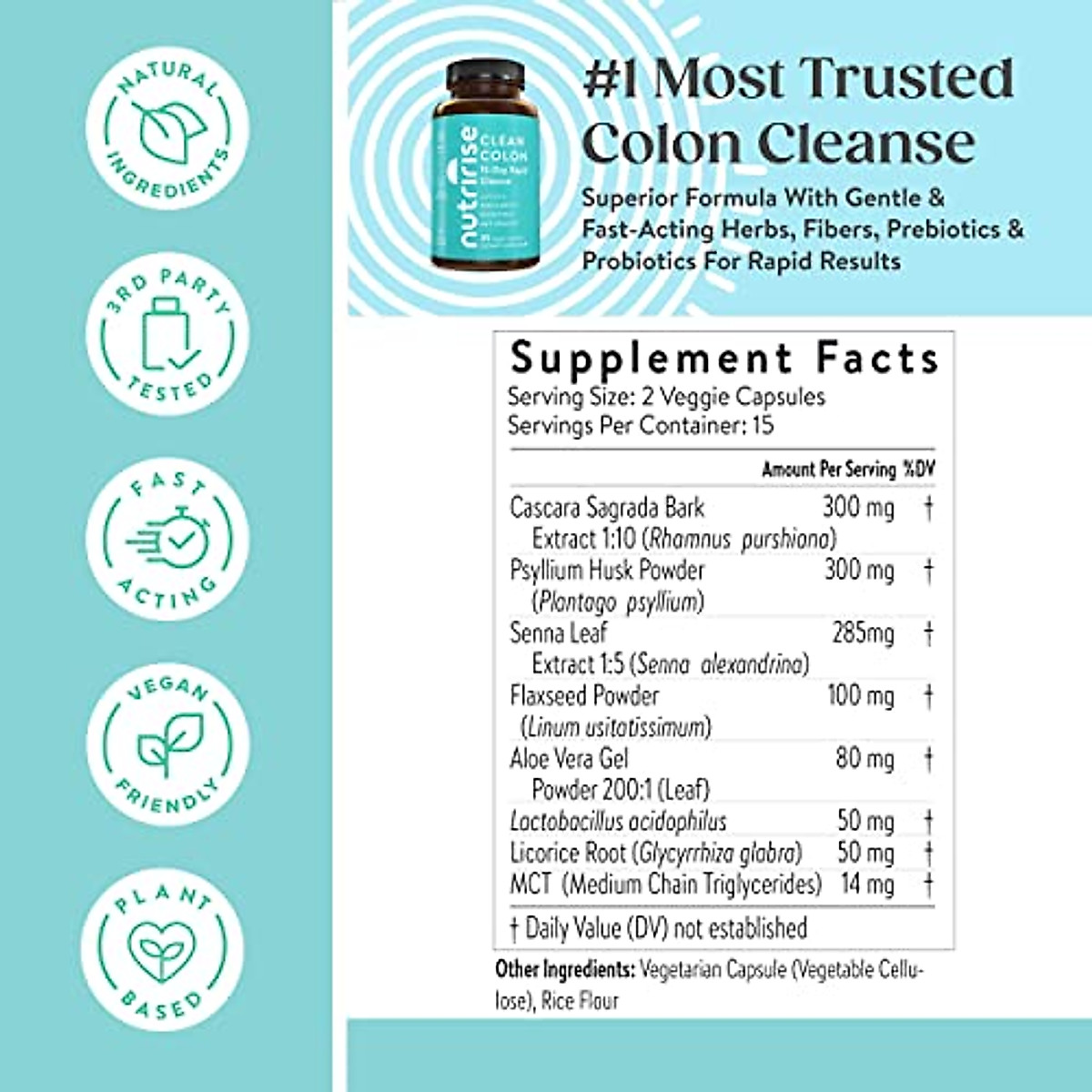 NutriRise 15 Day Quick Colon Cleanse for Gut Health - Digestive Support with Probiotics & Fiber for Constipation, Regularity & Bloating, Sugar & Gluten Free