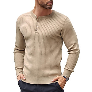 COOFANDY Men's Long Sleeve Knit Henley Shirts Casual Henley T-Shirts Lightweight Ribbed Sweater Khaki