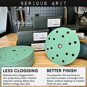 Serious Grit - 6-Inch 15-Hole 120 Grit Sanding Discs - Heavy-Duty Hook & Loop Film Discs - Sandpaper for Random Orbital Sanders - 50 Pack Box