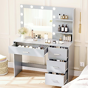 Rovaurx Makeup Vanity Table with Lighted Mirror, Makeup Vanity Desk with Storage Shelf and 4 Drawers, Bedroom Dressing Table, 10 LED Lights, Gray