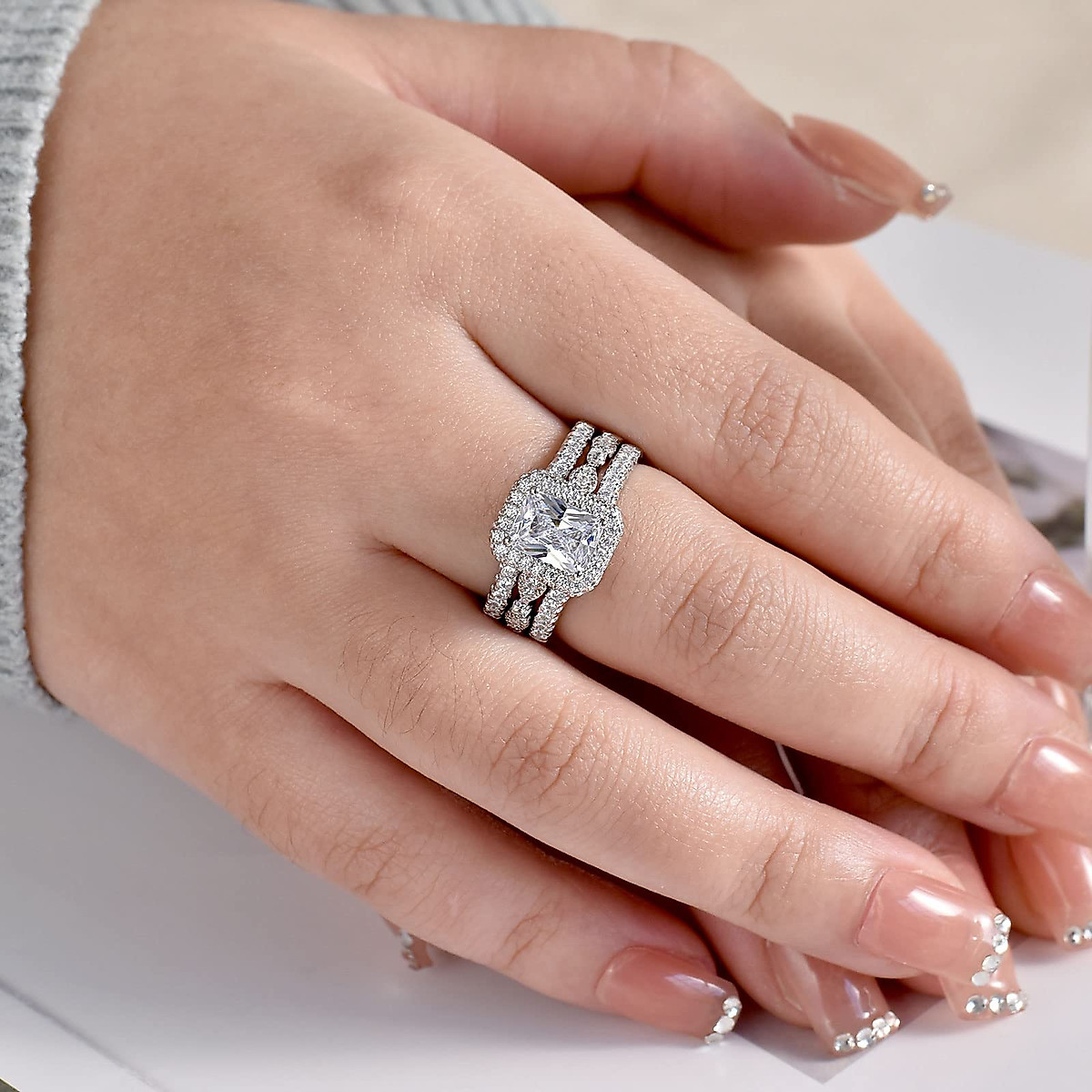 Newshe 2.78Ct Wedding Band Bridal Ring Enhancer Engagement Ring Set for Women 925 Sterling Silver Radiant White Gold 5A Cz Size 5-10 (A Radiant-White, 7)