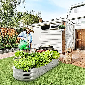 POTEY Galvanized Raised Garden Bed 2Pcs, Metal Planter Boxes Outdoor for Vegetables Flowers Herb, Oval Large Planter Raised Beds Kit with Weed Barrier Fabric and Soil Ventilation Holes (5.7L*1.7W FT)