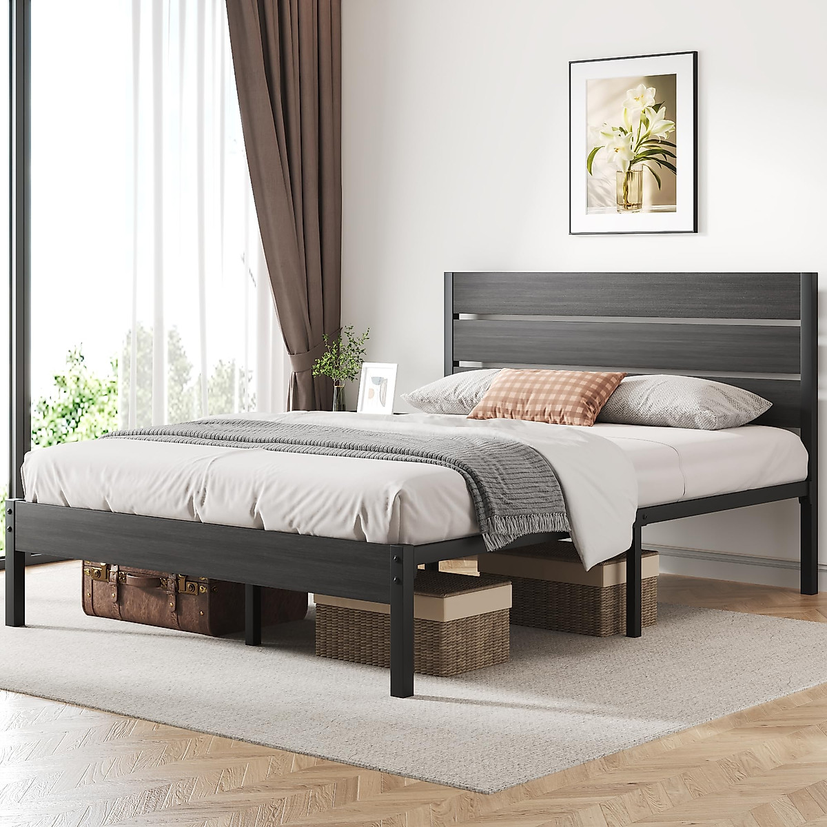 Fluest Queen Bed Frame with Headboard and Footboard, Metal Platform Bed Frame with Under Bed Storage, All-Metal Support System, No Box Spring Needed, Easy Assembly,Rustic Grey