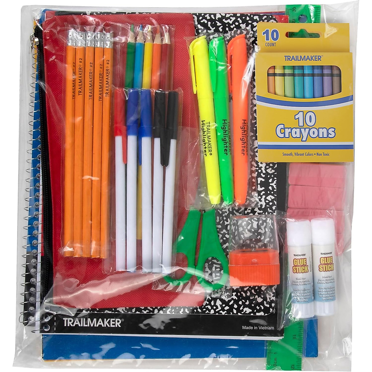 Trail maker Bulk Elementary School Supply Kits, 12 Packs of 45 Piece Wholesale School Supplies for Kids Includes Folders Notebooks Pencils Pens and Much More!
