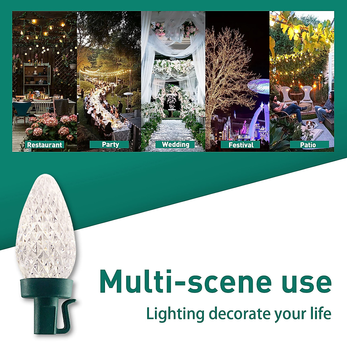 BOKING Christmas C7 Light String 50 LED White Outdoor Indoor Waterproof Strawberry Xmas Tree Decoration Plug in Extendable 34.5 Feet Used for Patio Party Holiday Courtyard Garden Home(Warm White)