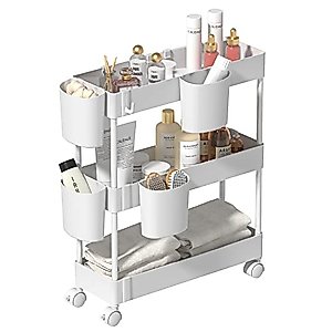 TiLeMiun 3-Tier Storage Rolling Cart Storage Utility Cart Rolling Multifunctional Organizer Mobile Shelving Unit Storage Shelves Slide Out Trolley Cart Bathroom